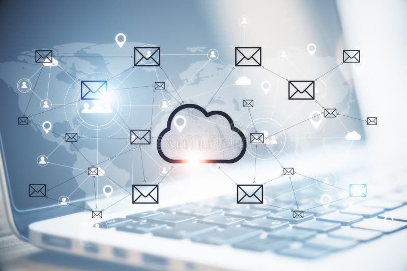 Notebook with Creative Glowing Cloud Email Hologram Stock Image - Image ...