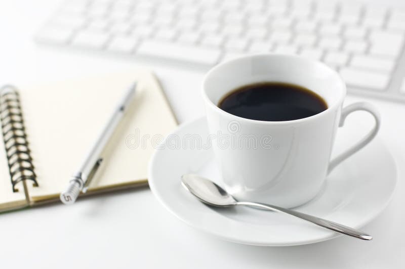 Notebook with Cup of Coffee and Notepad with Pen O Stock Photo - Image ...