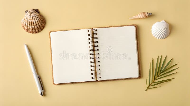 Notebook and Decorative Shells Arranged on a Yellow Surface in Summer ...