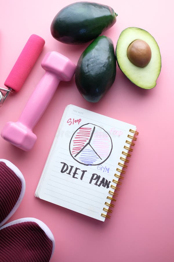 Notebook with a Diet Plan with Fresh Avocado and Dumbbell Stock Photo ...