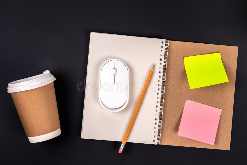 Notebook, Disposable Paper Cup, Computer Mouse and Paper Sticker, Top ...