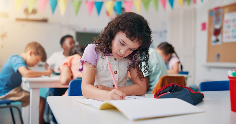 Notebook, Education and Writing with Girl in Classroom for Child ...
