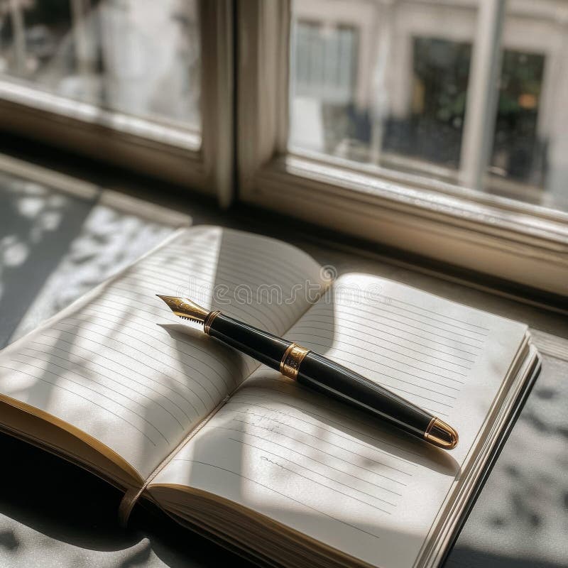 On a Notebook, an Elegant Fountain Pen is Seen Resting in Warm Sunlight ...