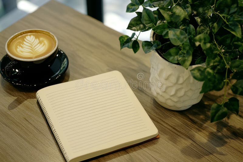 A Notebook with Empty Pages Lies Open beside a Cup of Coffee Stock ...