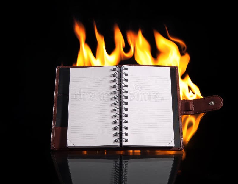 Notebook in fire flame stock image. Image of mirror, leather - 34157163