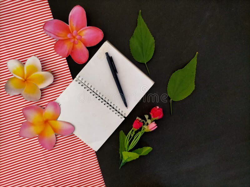 Notebook, Flower and Ballpoint at Black Background Stock Photo - Image ...