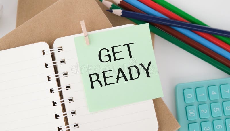 Notebook with GET READY Word with Office Stock Photo - Image of embark ...