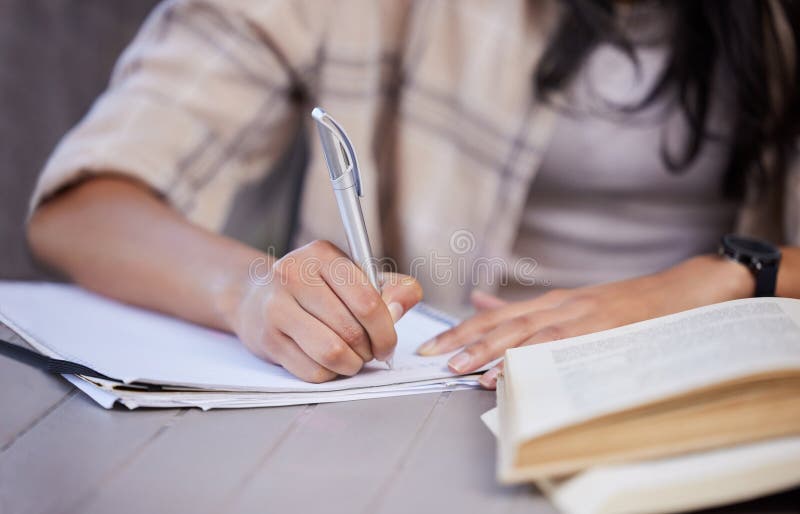Notebook, Girl and Hand with Studying on Table for Education, Learning ...