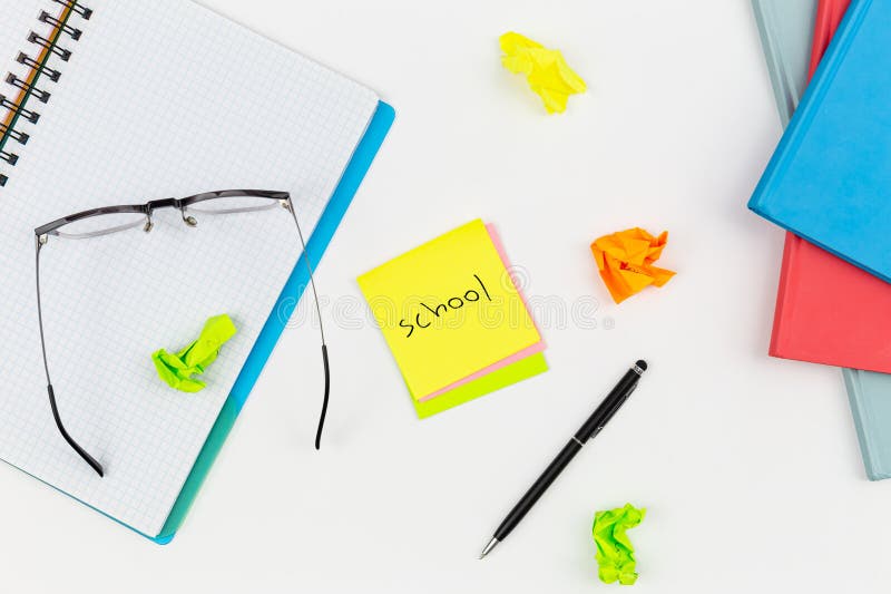 Notebook Glasses Paper Reminders Word School White Background Stock ...