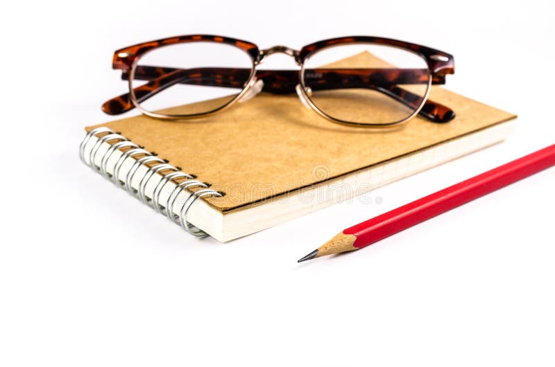 Notebook with Glasses and Pencil Isolated on White Background Stock ...