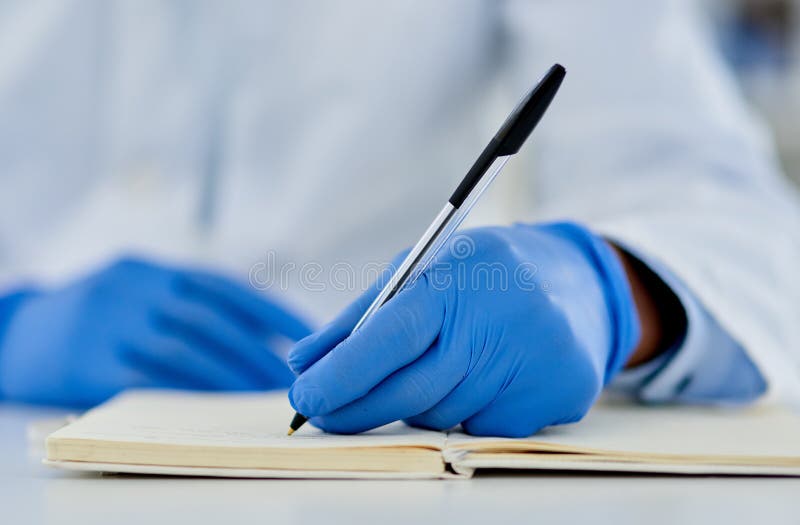 Notebook, Gloves and Hands of Scientist Writing Notes for ...