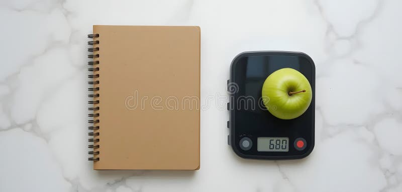 Notebook, Green Apple, and Digital Scale in Minimal Flat Lay on White ...