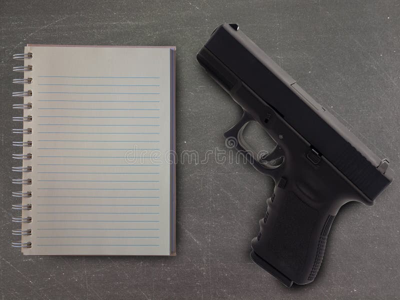 Notebook and Gun on Table in School. Stock Image - Image of defense ...