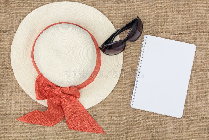 Notebook, Hat and Sunglasses Stock Photo - Image of panama, sunglasses ...