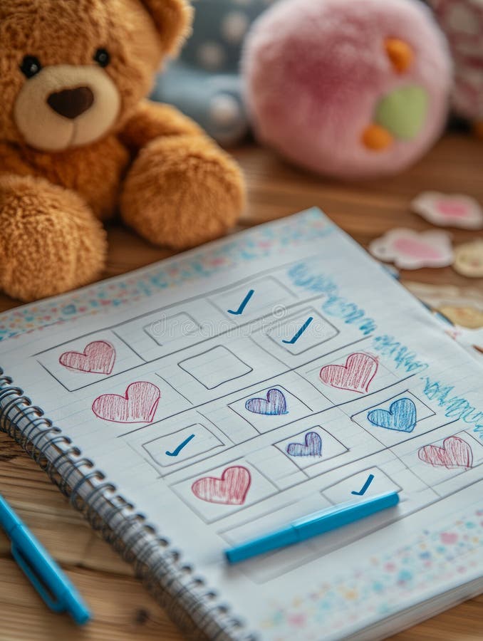 Notebook with Hearts and Checkmarks beside a Teddy Bear. Stock Image - Image of planner ...