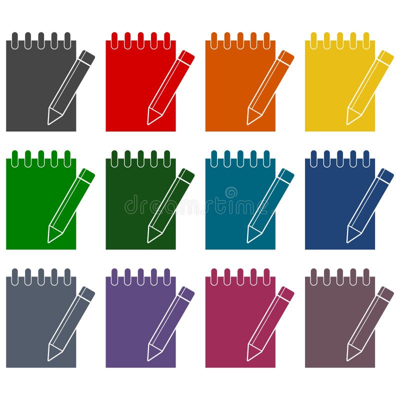 Notebook Icon, Document with Pencil Icons Set Stock Illustration ...