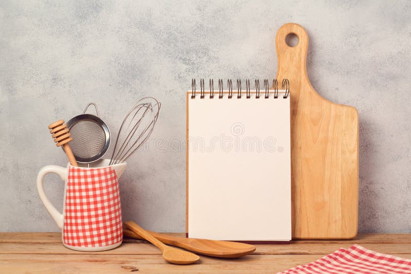 Notebook and Kitchen Utensils on Wooden Table Stock Photo - Image of ...