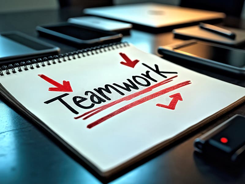 Notebook Labeled "teamwork," Pen and Phone on Desk Stock Illustration ...