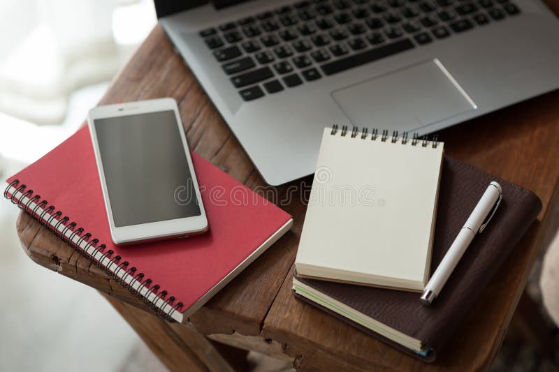 Notebook and Laptop Computer on Wood Table Stock Image - Image of ...