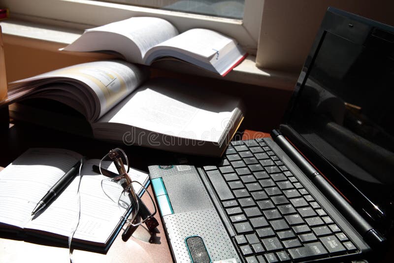 Notebook, Laptop, Pen, Glasses a and Books. Stock Photo - Image of ...