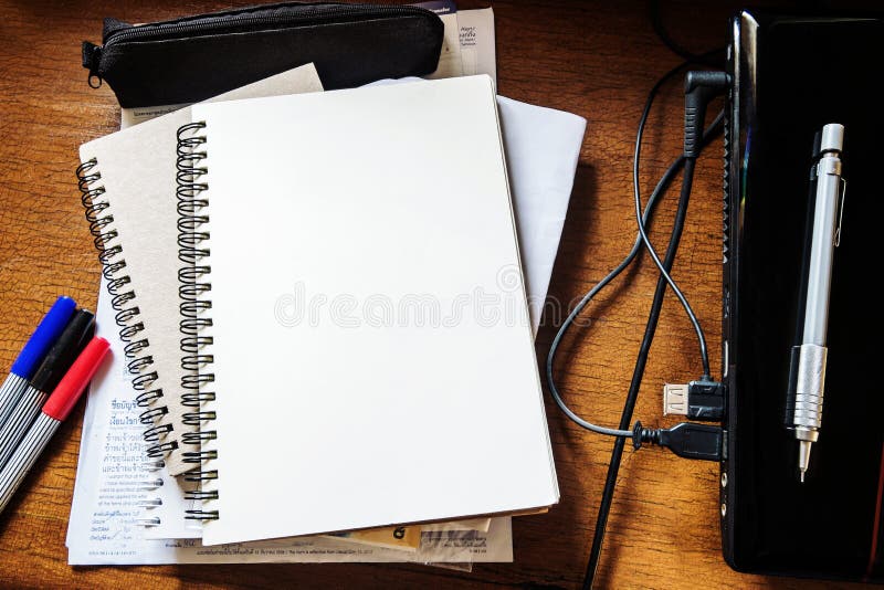 Notebook, Laptop, and Pencil, on Antique Wooden Working Table Stock ...