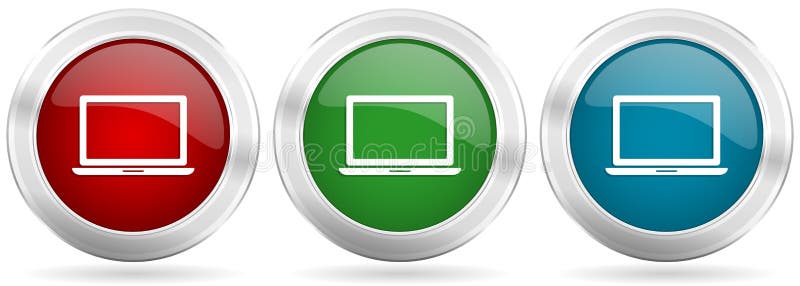 Notebook, Laptop Vector Icon Set. Red, Blue and Green Silver Metallic ...