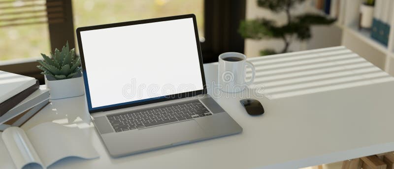 Notebook Laptop White Screen Mockup on White Table. Modern Office Desk ...