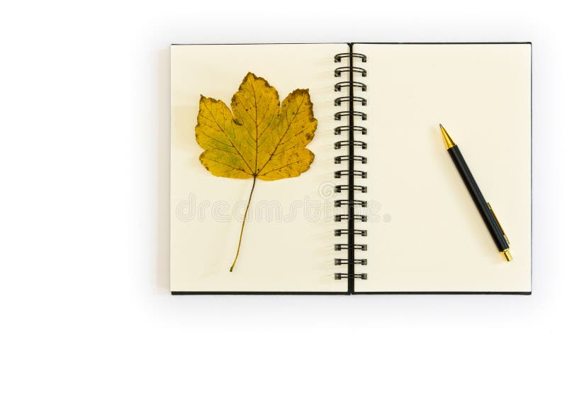 Notebook with a Leaf and a Pen Stock Photo - Image of page, spiral ...
