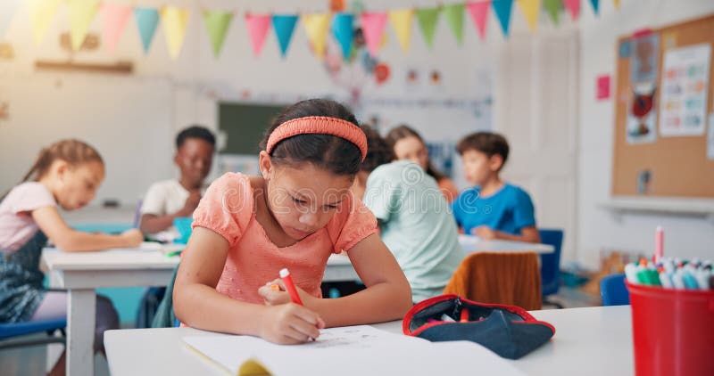 Notebook, Learning and Writing with Girl in Classroom for Child ...