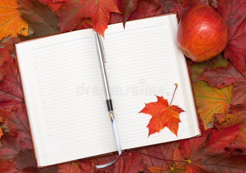 Notebook and maple leaves stock image. Image of notebook - 59510617