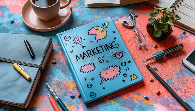 Notebook with Marketing Doodles and Workspace Stock Photo - Image of ...
