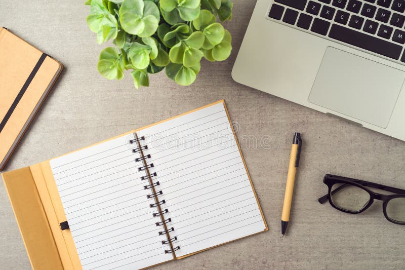 Notebook Mock Up with Laptop Computer and Plant on Modern Office Desk ...