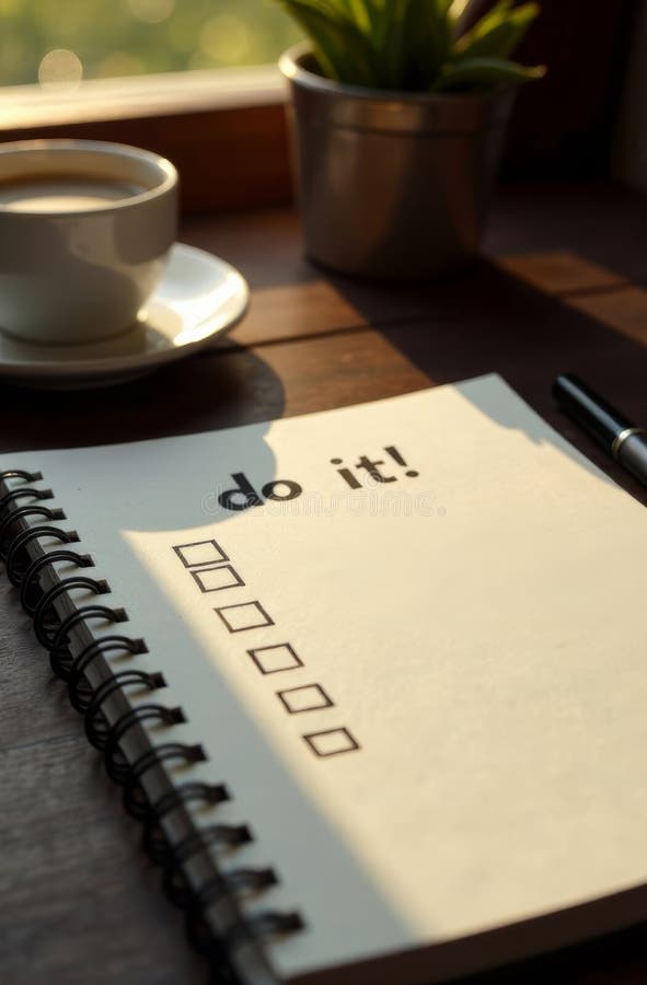 Notebook with a Motivational Phrase and Coffee Cup on a Wooden Table ...