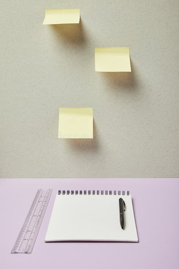 Notebook Near Pen, Ruler and Sticky Stock Photo - Image of background ...