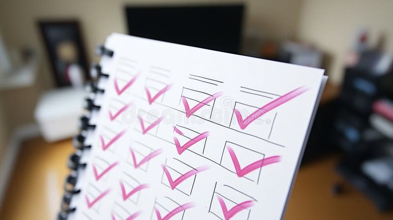 Completing Checklist Items with Pink Check Marks in Notebook Stock ...