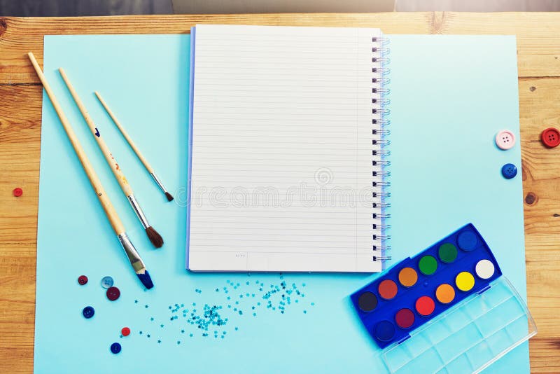 Notebook, Paint and Above with Brushes for Creative Workspace, Art or ...