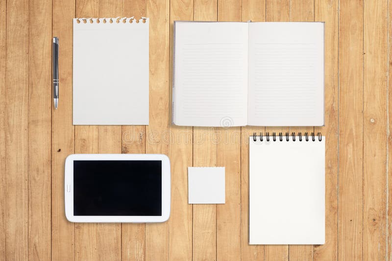 Notebook, Paper, Pen and Tablet on Wood Table for Idea Work Stock Image ...