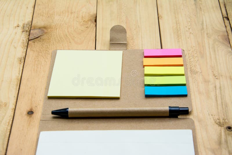 Notebook Paper, Post it and Pen Top View on Wood Pallet Stock Photo ...