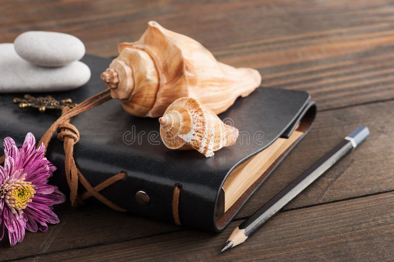 Notebook, Pebbles, Flower, Shells. Stock Image - Image of journal ...