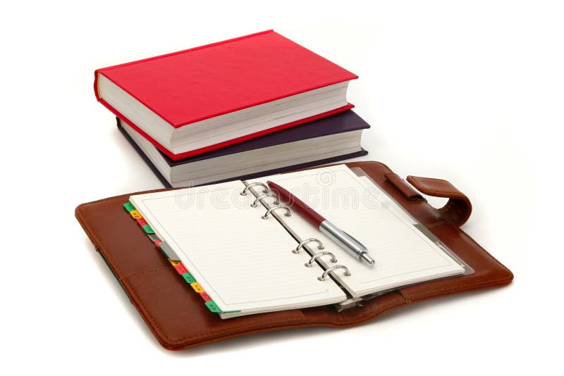 Notebook, pen and books stock image. Image of notebook - 13012357