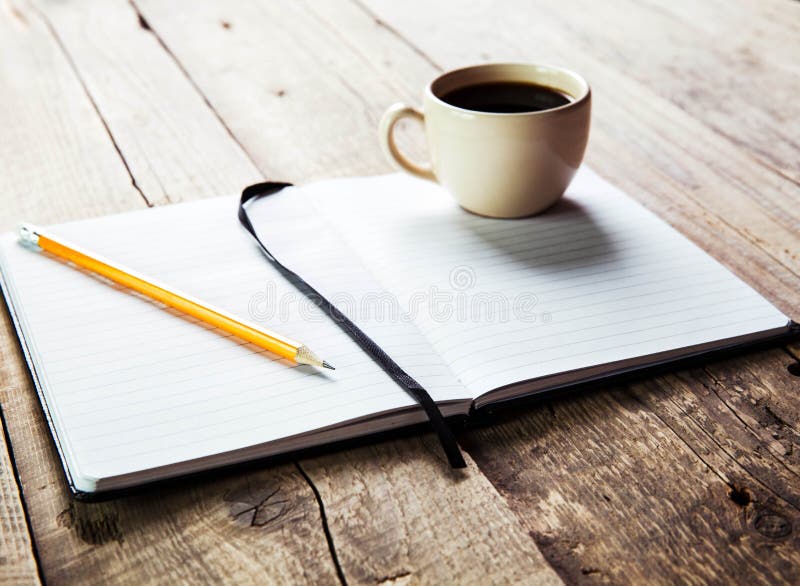 Notebook Pen and Cup of Coffee in Wood Table Stock Image - Image of ...