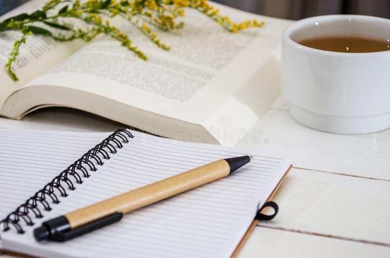 Notebook, Pen and Cup of Tea on the Table. Close-up. Autumn Concept ...
