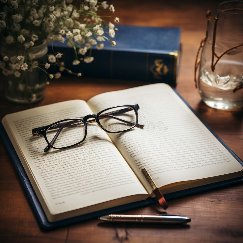 Notebook with Pen and Glass Stock Illustration - Illustration of desk ...