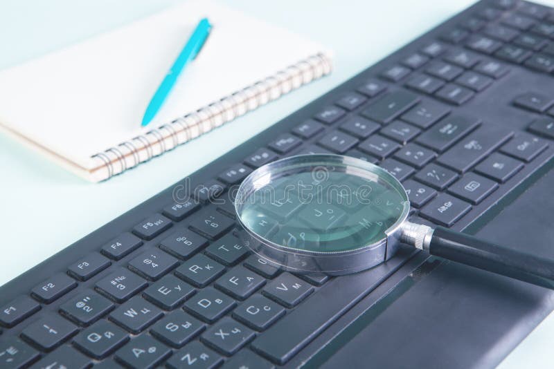 Notebook with Pen and Keyboard Magnifier Stock Photo - Image of concept ...