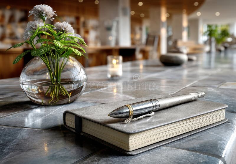 Notebook and Pen Lying on Reception Desk in Luxury Hotel Lobby Stock ...