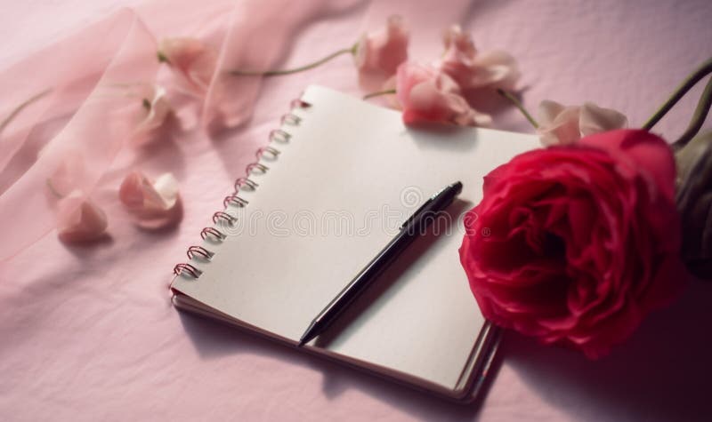 Notebook with Pen and Pink Roses on Table Stock Illustration ...
