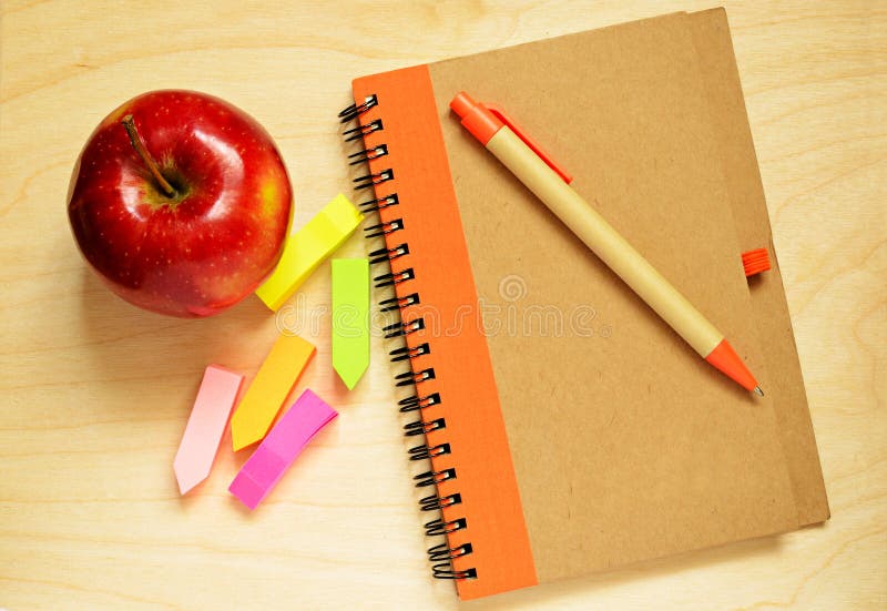 Notebook, Pen, Stickers and Apple Stock Photo - Image of carton ...