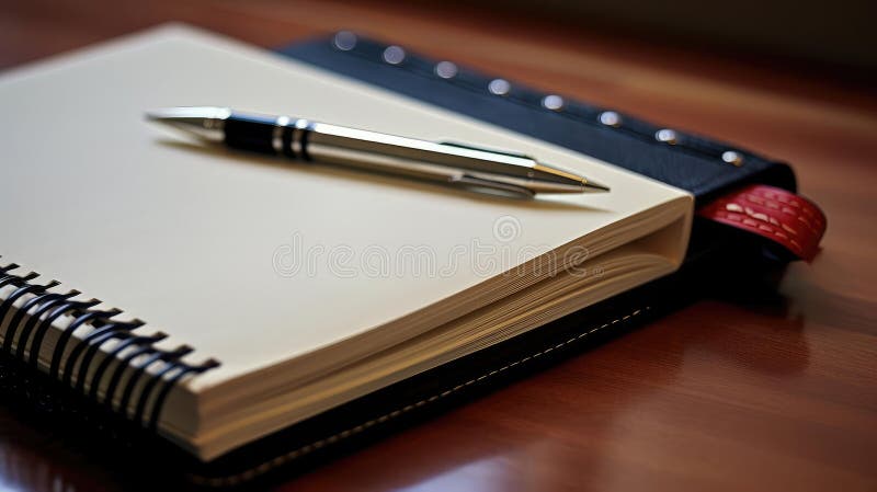 Notebook with pen on table stock illustration. Illustration of text ...