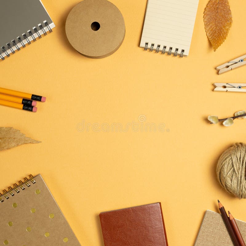 Notebook, Pencil, Clip, String, Leaves on Orange Background Stock Photo ...