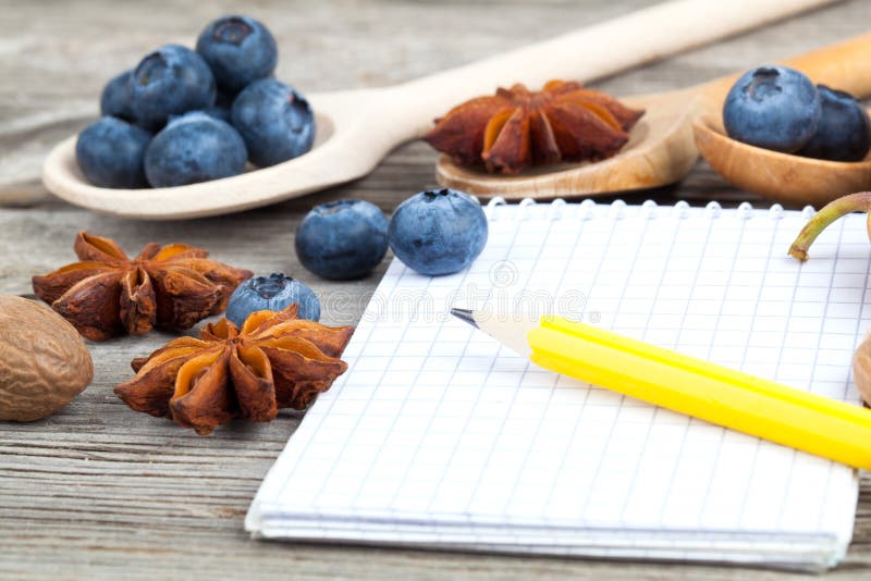 Notebook and Pencil with Ingredients Food Stock Image - Image of table ...